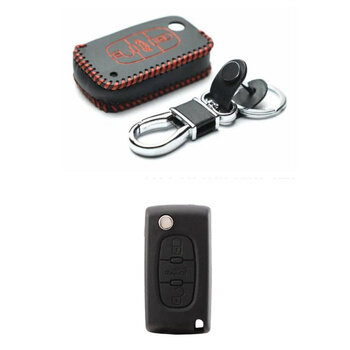 Кожаный чехол с лазерной гравировкой для выкидного ключа Peugeot 3 button (307, 408, 407, 607 лезвие HU83), ВК08