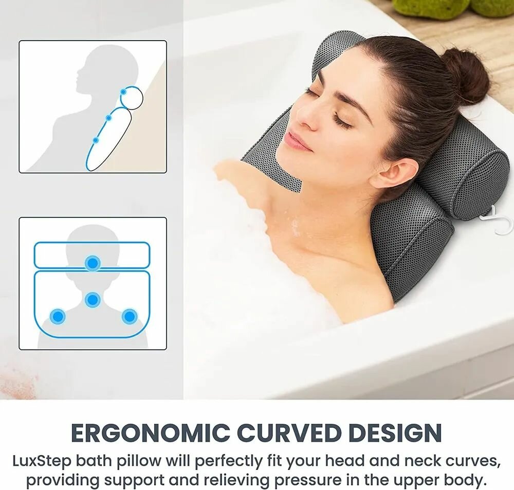 Подушка для ванны / Подголовник для ванны на присосках с крючком - "Спа" серая, 35x33x10, инновационный материал 3D-AIR-Mesh