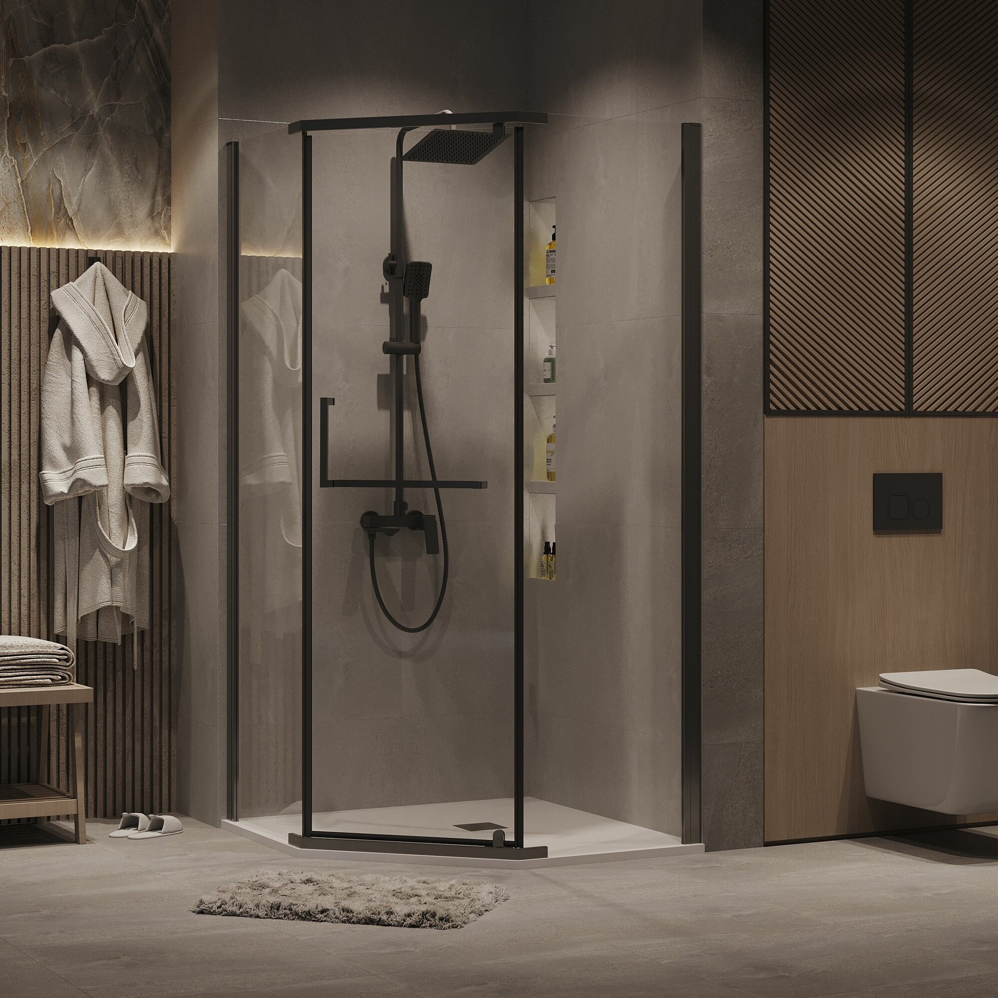 Душевое ограждение Grossman Pragma 302. K33.03.1010.42.00 (100х100х195) трапеция, распашная, графит сатин, стекло прозрачное, 1 место