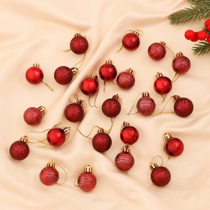 Елочные шары Зимнее волшебство "Наоми", диаметр 3 см, красные, пластик, 24 шт