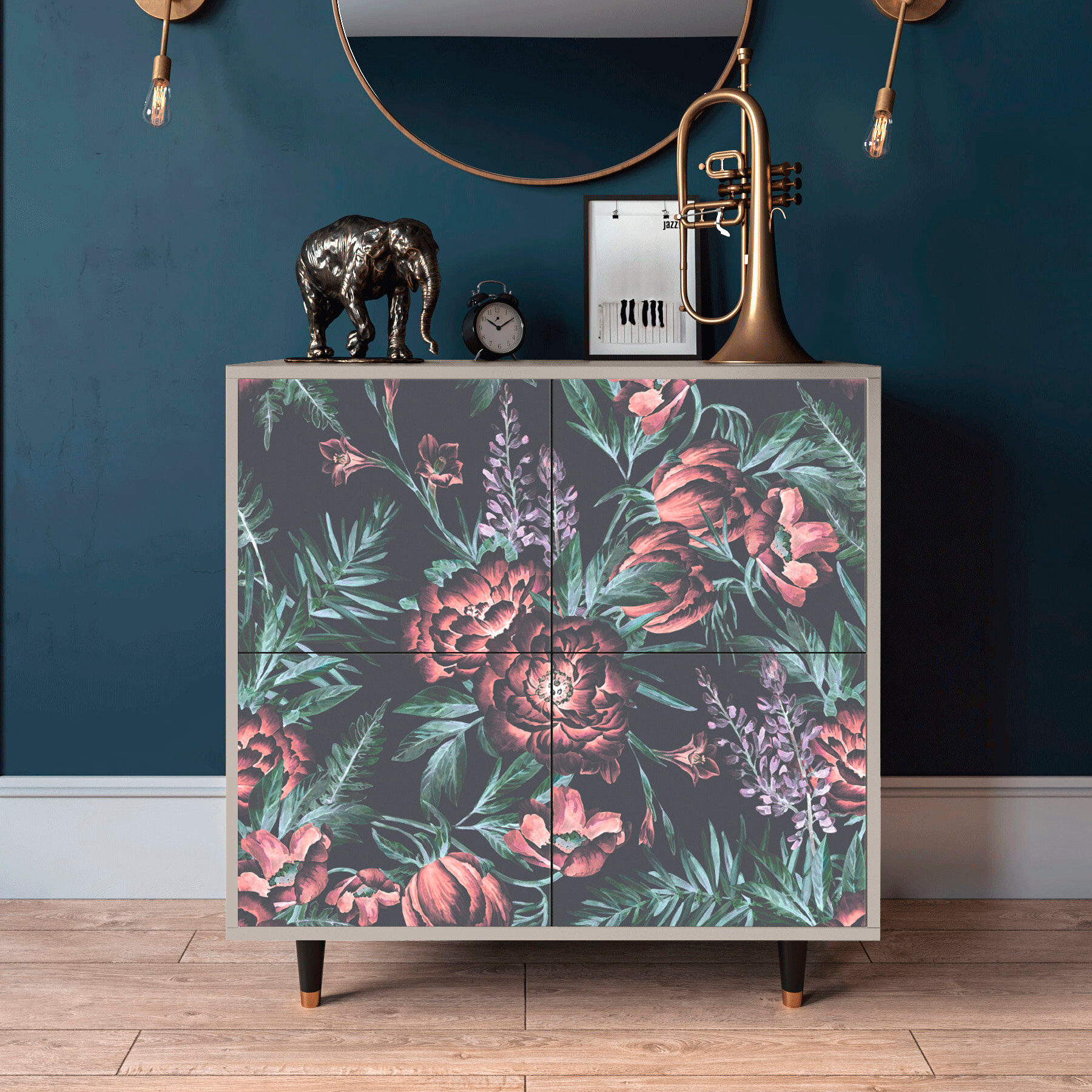 Комод - STORYZ - BS3 Dark Peonies, Размер - 94 x 96 x 48 см, Цвет корпуса - Сатин