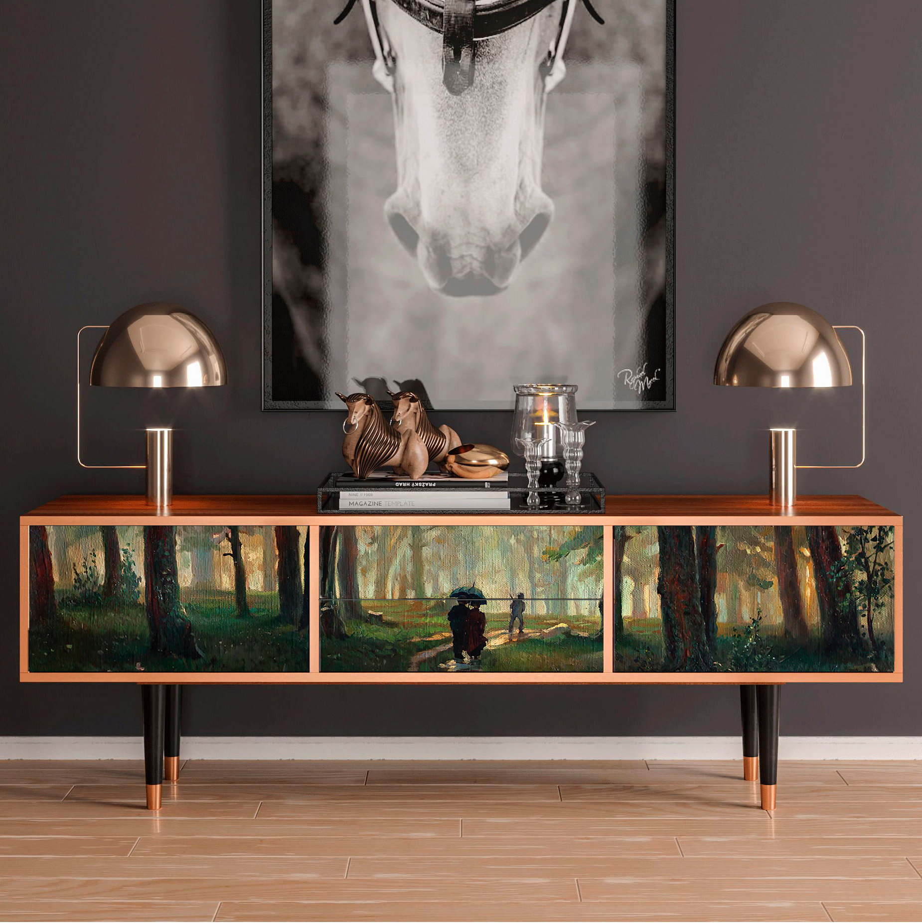 ТВ-Тумба - STORYZ - T4 Rain in the Oak Forest by Ivan Shishkin, Размер - 170 x 59 x 48 см, Цвет корпуса - , Орех
