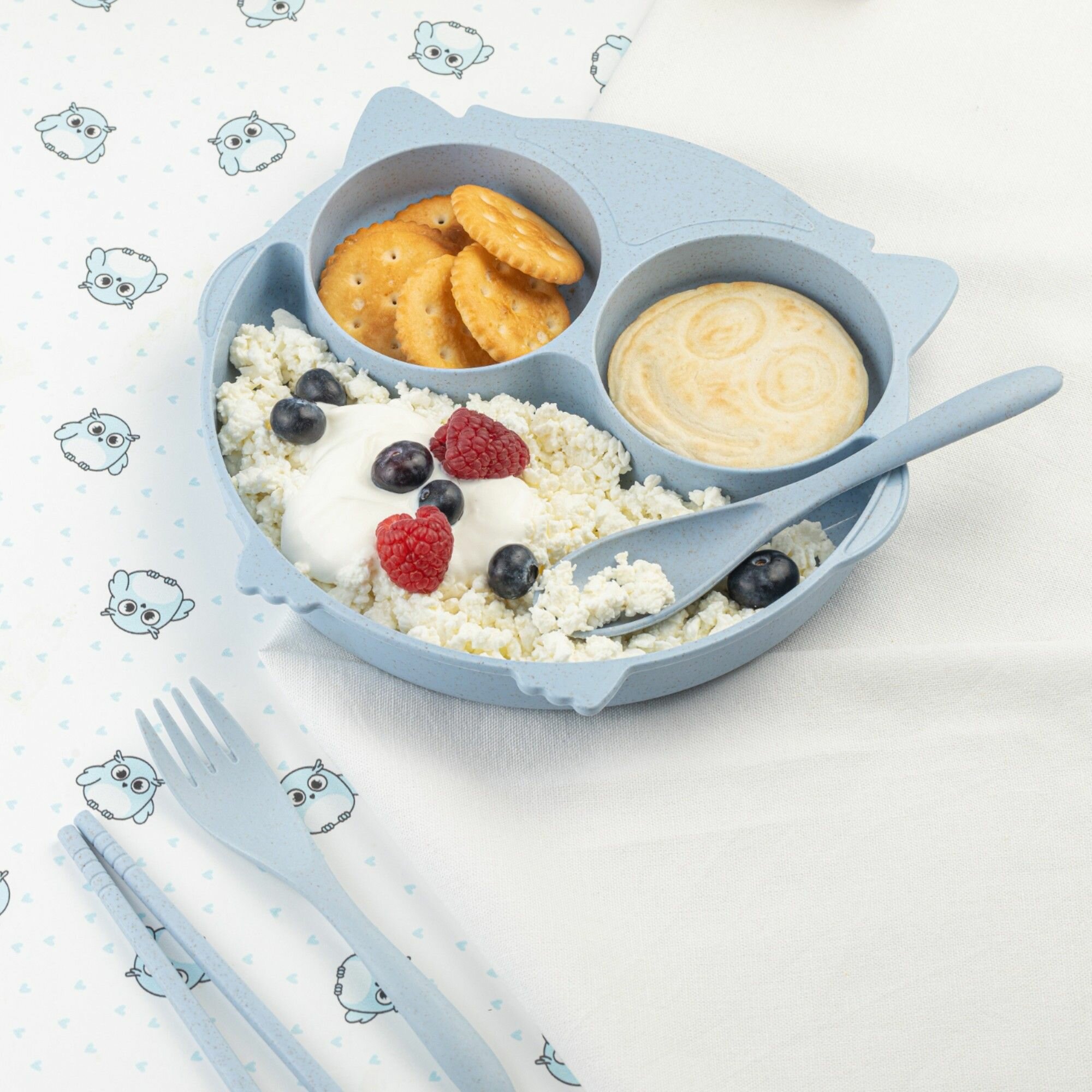 Детская посуда для кормления набор Совёнок тарелка детская, ложка, вилка, палочки, синяя