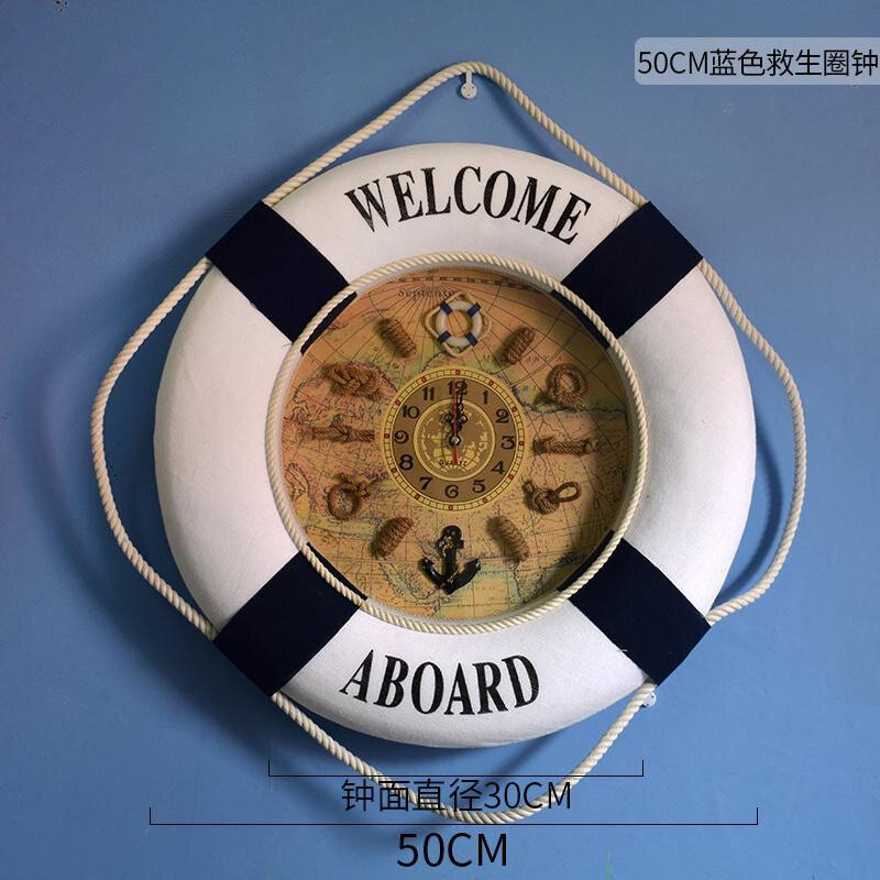Средиземноморский стиль ретро старый корабль якорь настенные часы украшение стены кулон деревянный руль креативные бесшумные часы 50 см синий спасательный круг часы