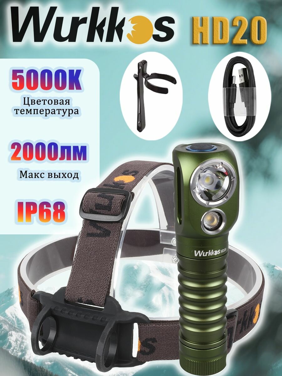 Wurkkos HD20 Перезаряжаемый налобный фонарь 2000 лм с аккумулятором 21700 5000K