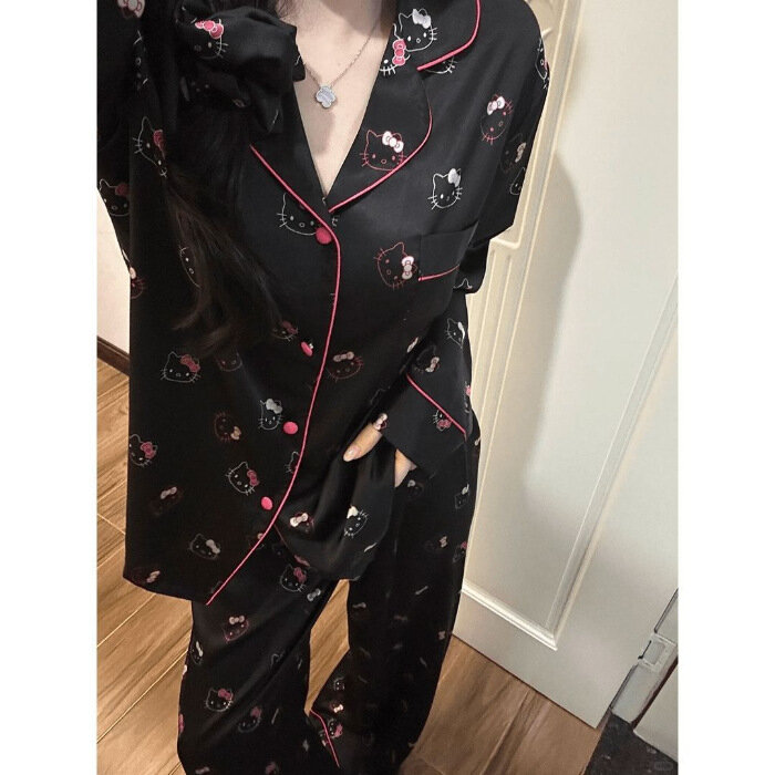Женская шелковая пижама весна-осень, новый милый и милый мультяшный кот, повседневный комплект из двух предметов для домашней одежды из ледяного шелка, размер: L
