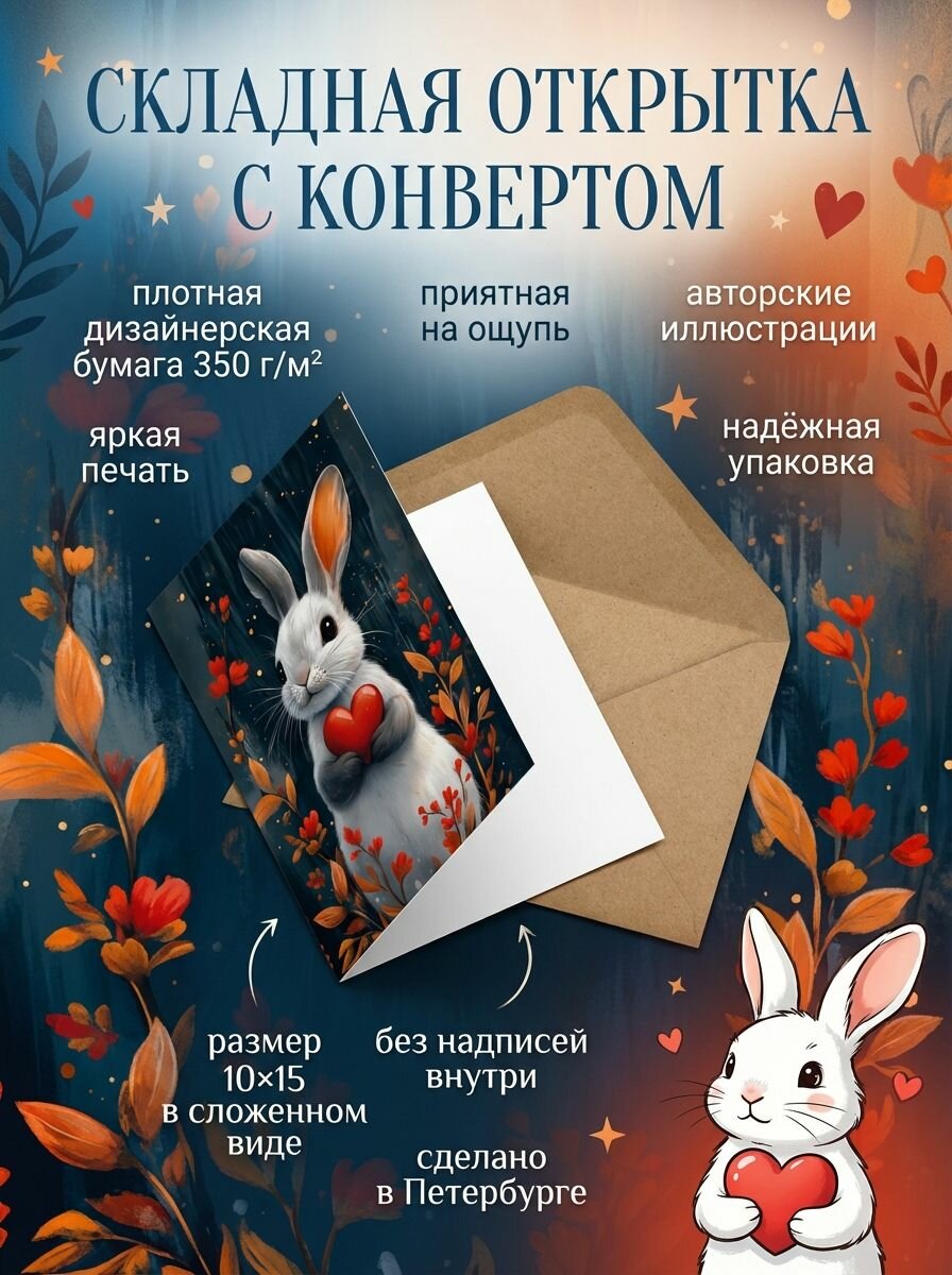 Зайка с сердцем 2, яркая открытка-валентинка подарочная с крафтовым конвертом, дизайнерская бумага, 10x15 см, складная без надписей, для дня рождения и 14 февраля