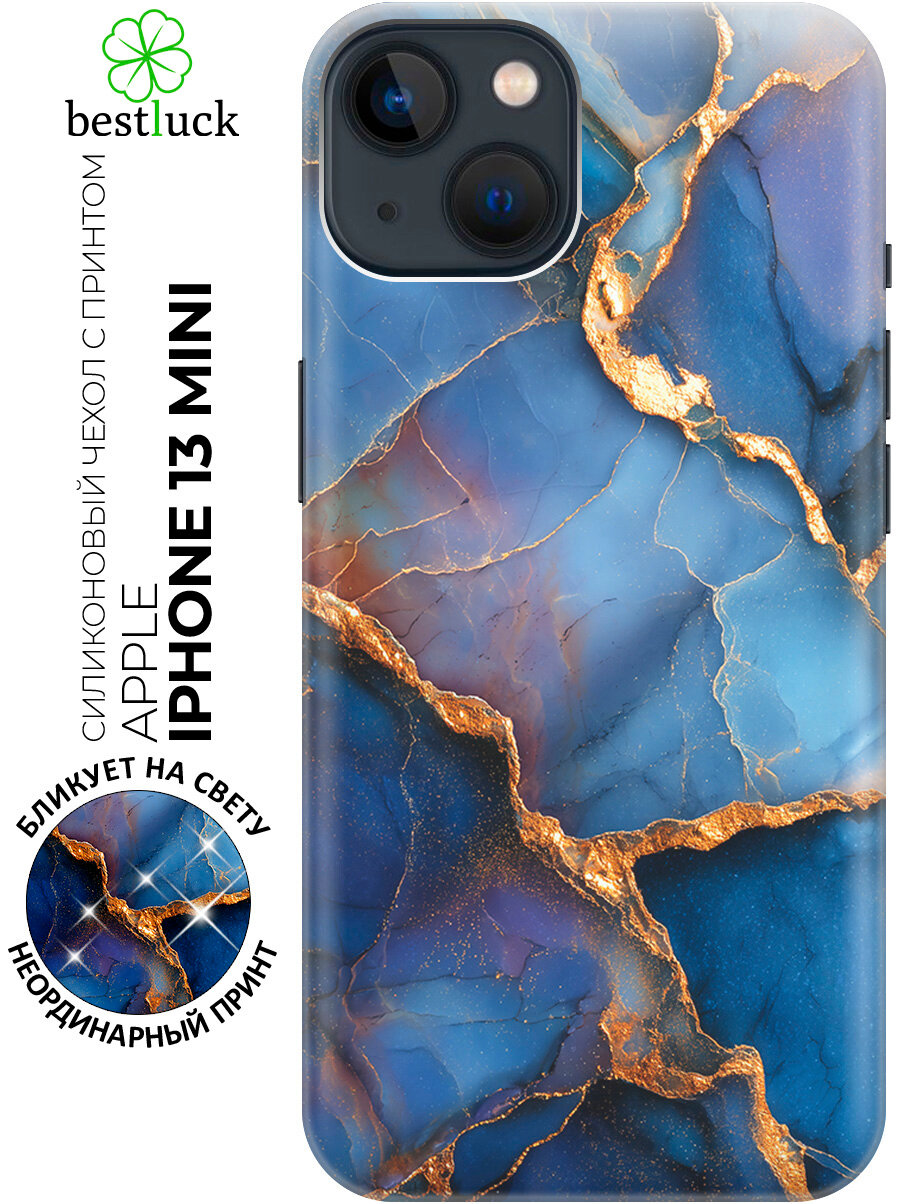 Силиконовый чехол на Apple iPhone 13 Mini с принтом "Синий мрамор с золотом"