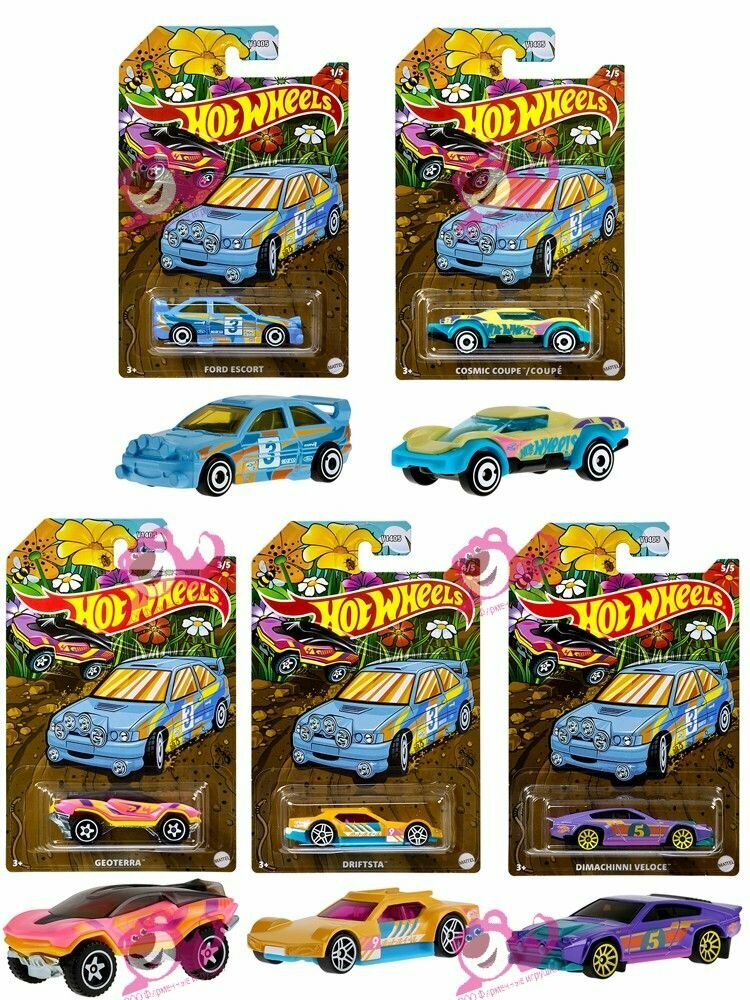 Машинка Mattel Hot Wheels 2026 Spring / Easter Ford Escort, Cosmic Coupe, Geoterra, Driftsta & Dimachinni Veloce Diecast Car Set