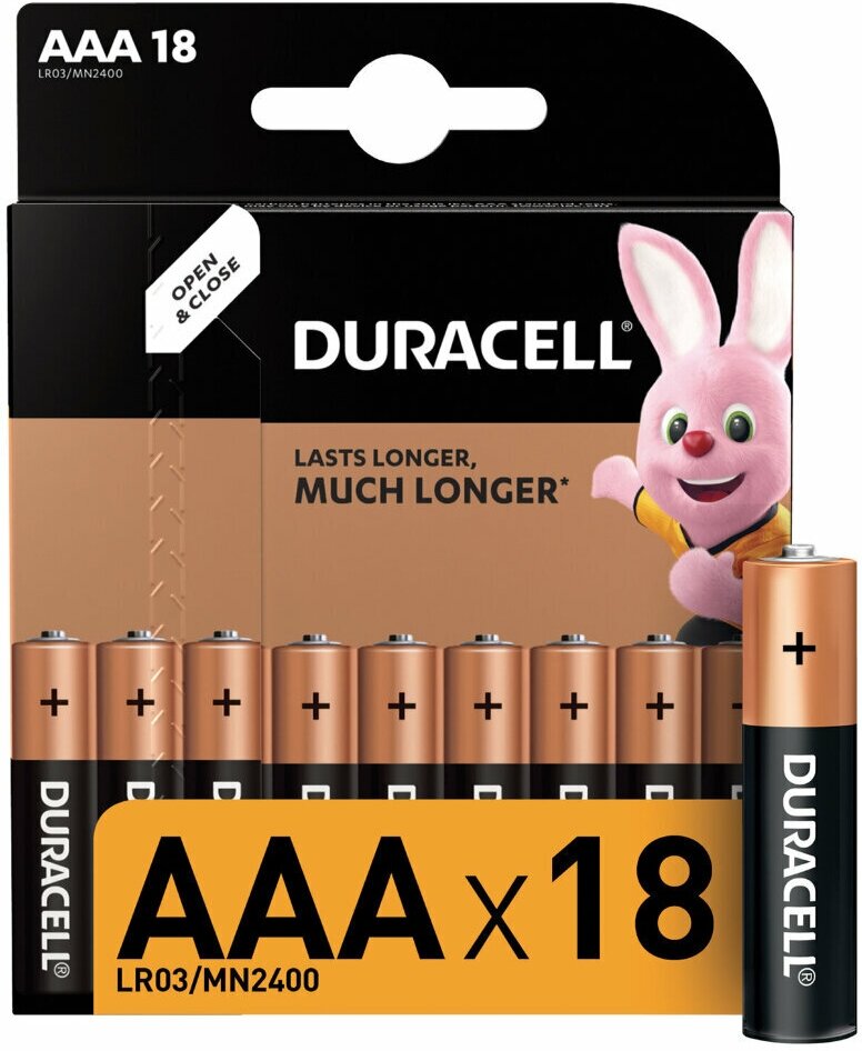 Батарейки комплект 18 шт, DURACELL Basic оригинал, AAA (LR03, 24А), алкалиновые, мизинчиковые, 81483686, 453559