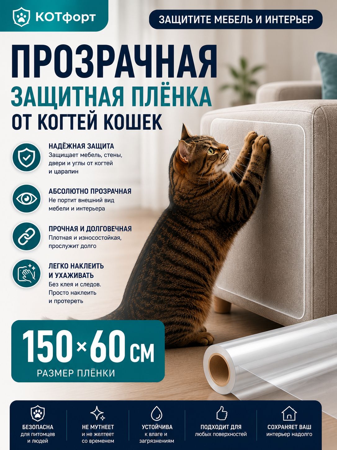 Антицарапка. Самоклеящаяся когтеточка. Пленка самоклеющаяся для мебели, прозрачная, 60*150см