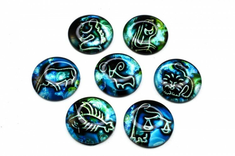 Кабошон стеклянный круглый с принтом Созвездия 25х6мм, цвет синий, 2030-011, 1шт