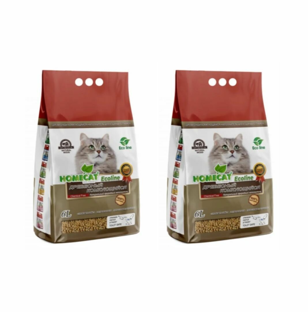 Homecat Наполнитель для кошачьего туалета Ecoline Древесный комкующийся, 6 л, 2 упаковки