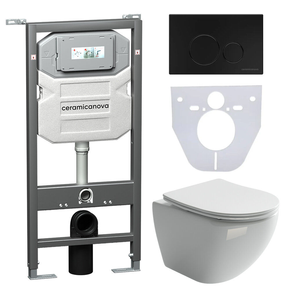 Комплект 4в1 Унитаз подвесной с сиденьем Ceramicanova CN4002_1001B_1000 белый + Система инсталляции + кнопка