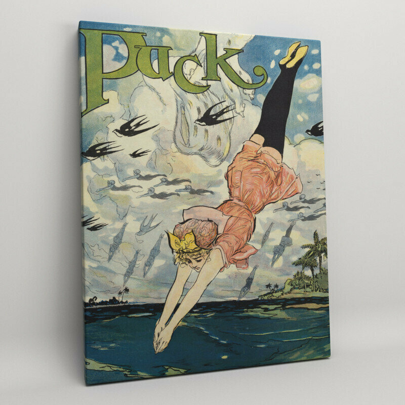 Картина на холсте (интерьерный постер) "Винтажный плакат - Puck - девушка прыгает в реку", с деревянным подрамником, размер 22x30 см