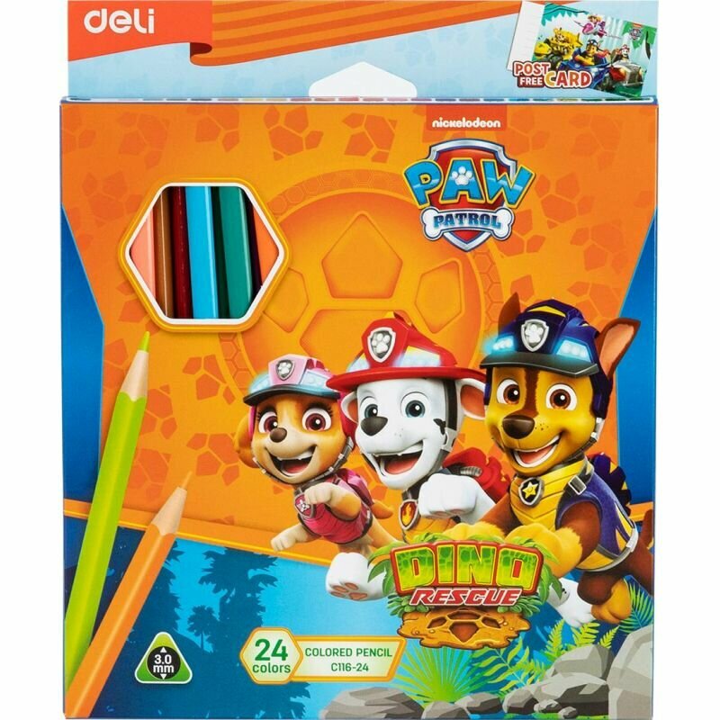 Карандаши цветные Deli Paw Patrol, 24 цвета, трехгранные, заточенные, картонная упаковка, EC116-24