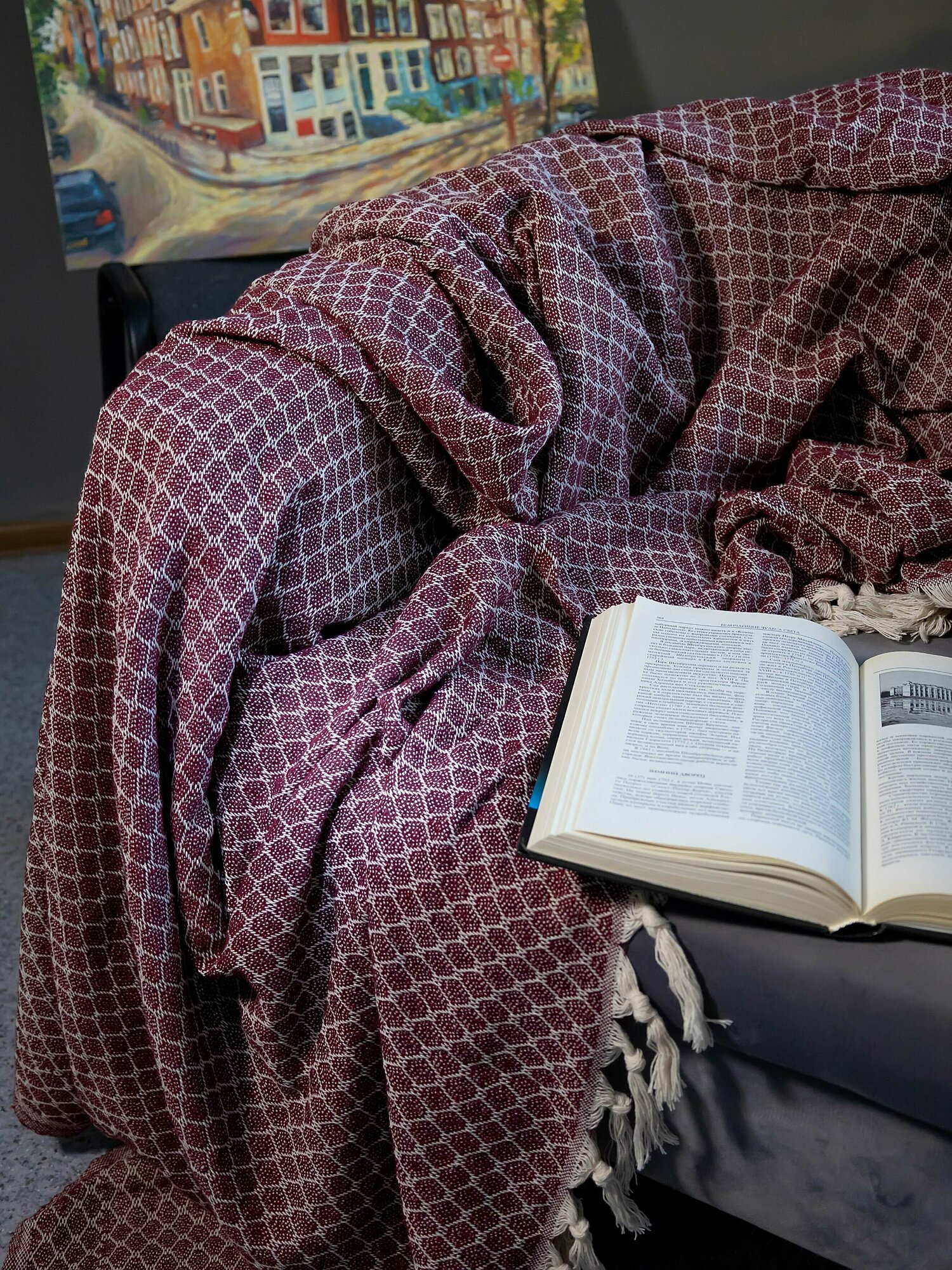 Плед NAZBONC BORDO, евро 200х220, покрывало на кровать и диван, хлопок