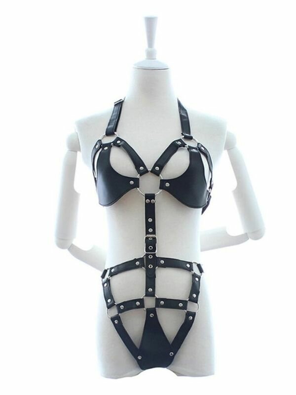 Кожаная сбруя-боди с заклепками Портупея женская эротическая