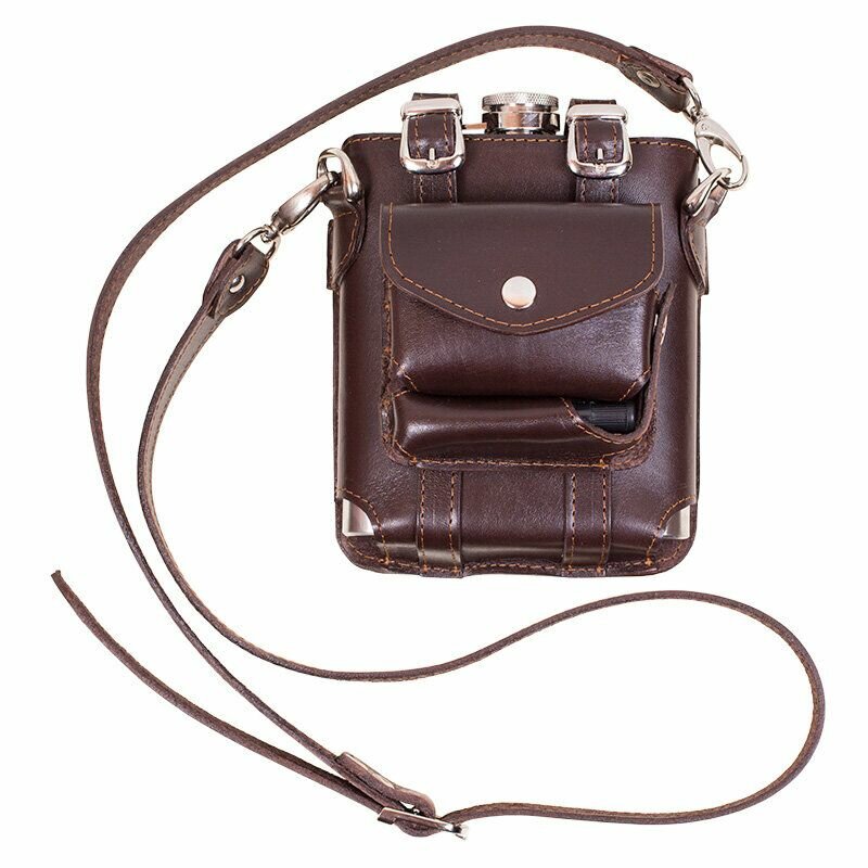 Фляга походная в чехле из натуральной кожи "Только вперед!" с карманами для пачки сигарет и зажигалки