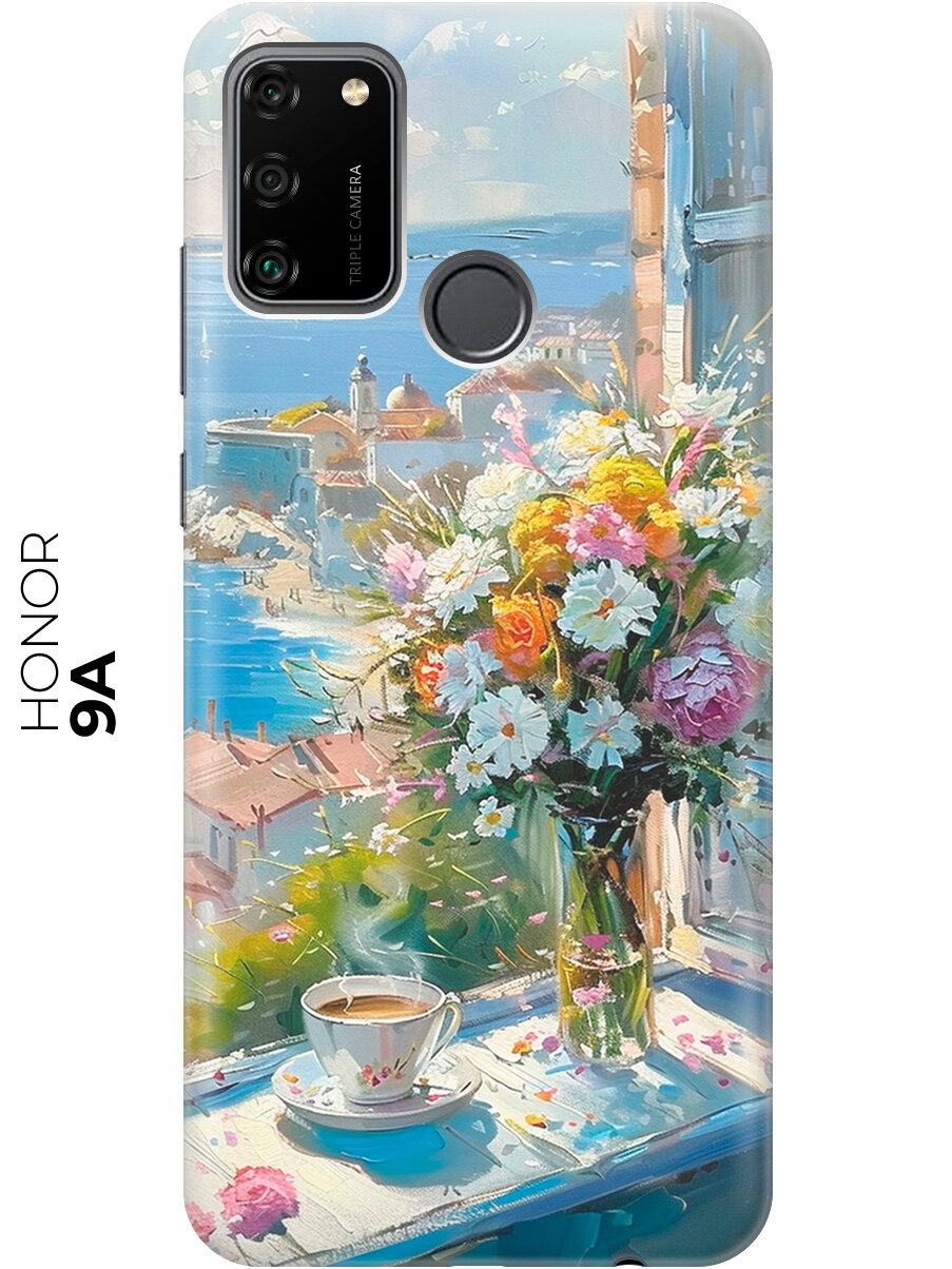 Силиконовый чехол на Honor 9A с принтом "Букет цветов и кофе"