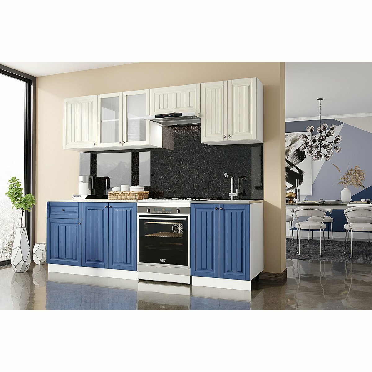 Кухня " Хозяюшка " 2,4 метра (Улучшенная фурнитура) цвет фасадов акация белая-деним , ЛДСП, МДФ