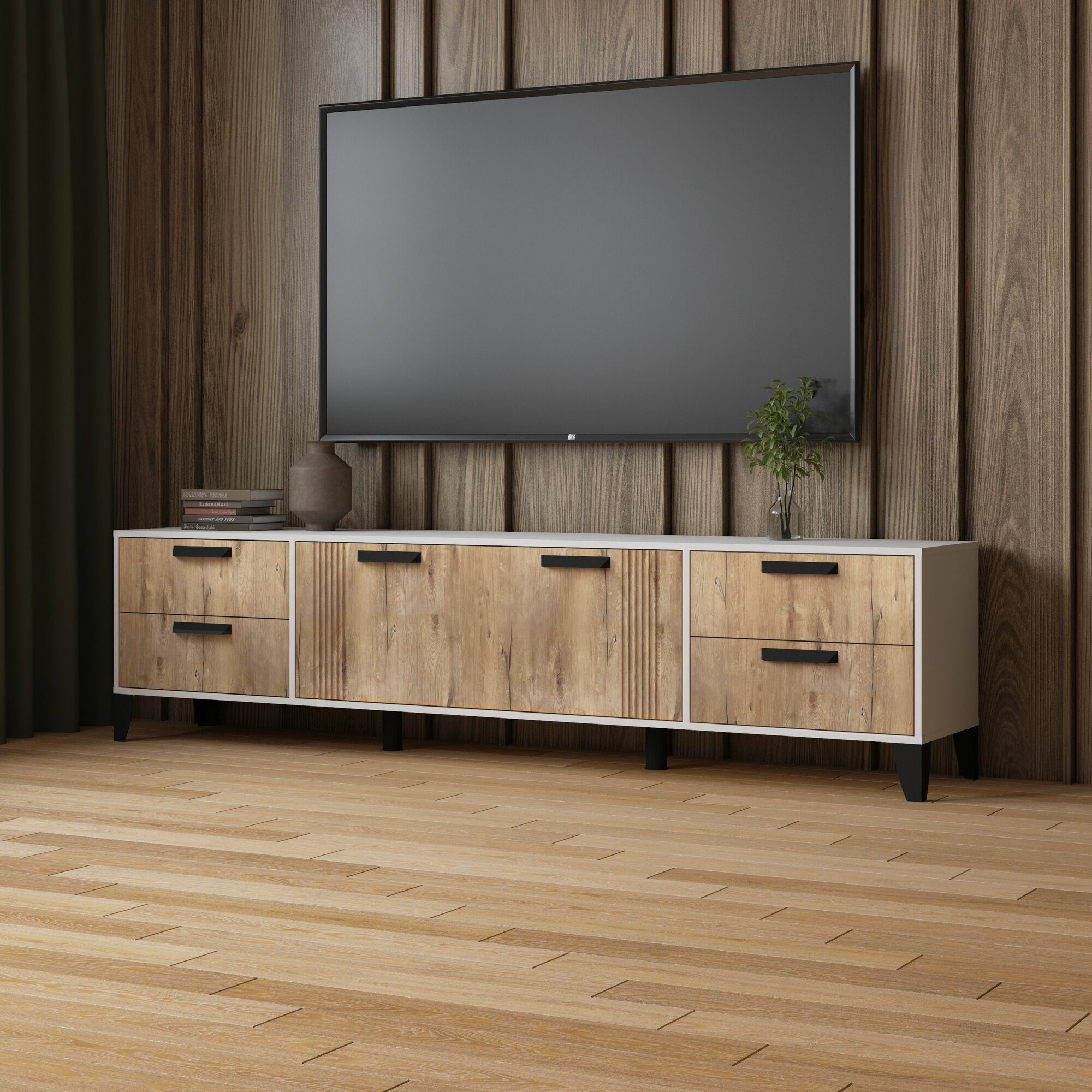 Тумба напольная ТВ Парус 12 ЛДСП Белый с теснением древесные поры/Дуб Канадский МДФ ПВХ, с ножками , для гостиной, спальни ,572x2222x402 мебельный РАЙ