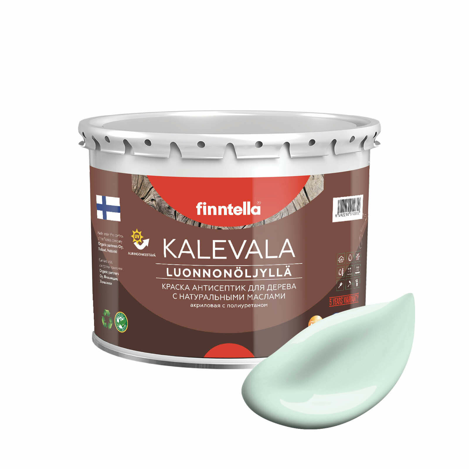 Краска для дерева и деревянных фасадов FINNTELLA KALEVALA, с натуральным маслом и полиуретаном, цвет LINTU (бледно-бирюзовый) , 2,7л