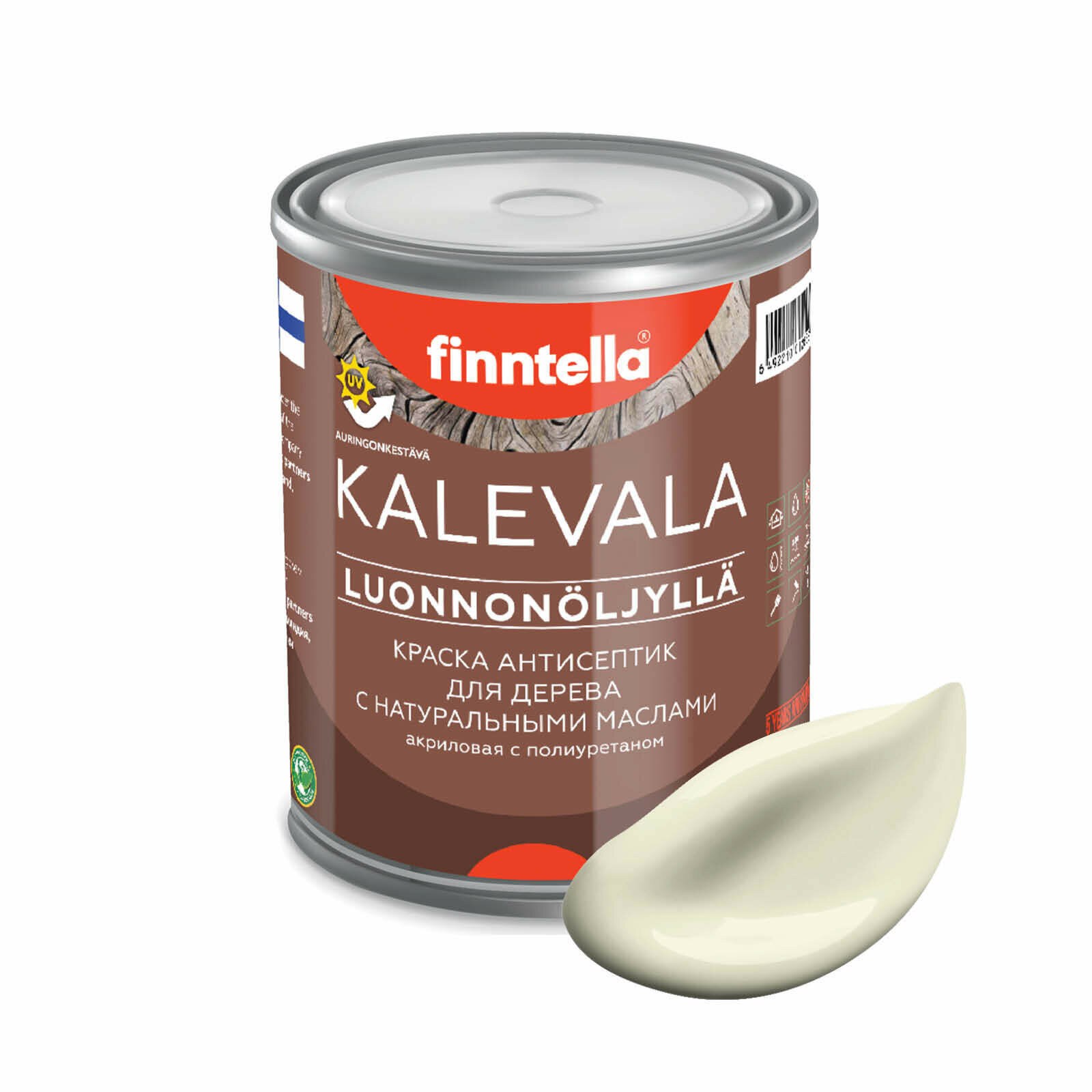 Краска для дерева и деревянных фасадов FINNTELLA KALEVALA, с натуральным маслом и полиуретаном, цвет KERMAINEN (Жёлто-белый) , 0,9л