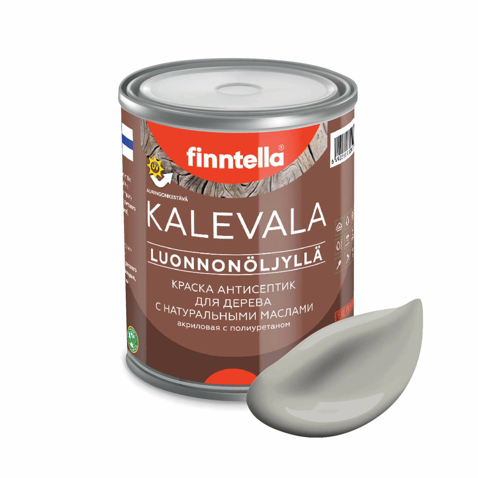 Краска для дерева и деревянных фасадов FINNTELLA KALEVALA, с натуральным маслом и полиуретаном, цвет KAIKU (серо-коричневый холодный) , 0,9л