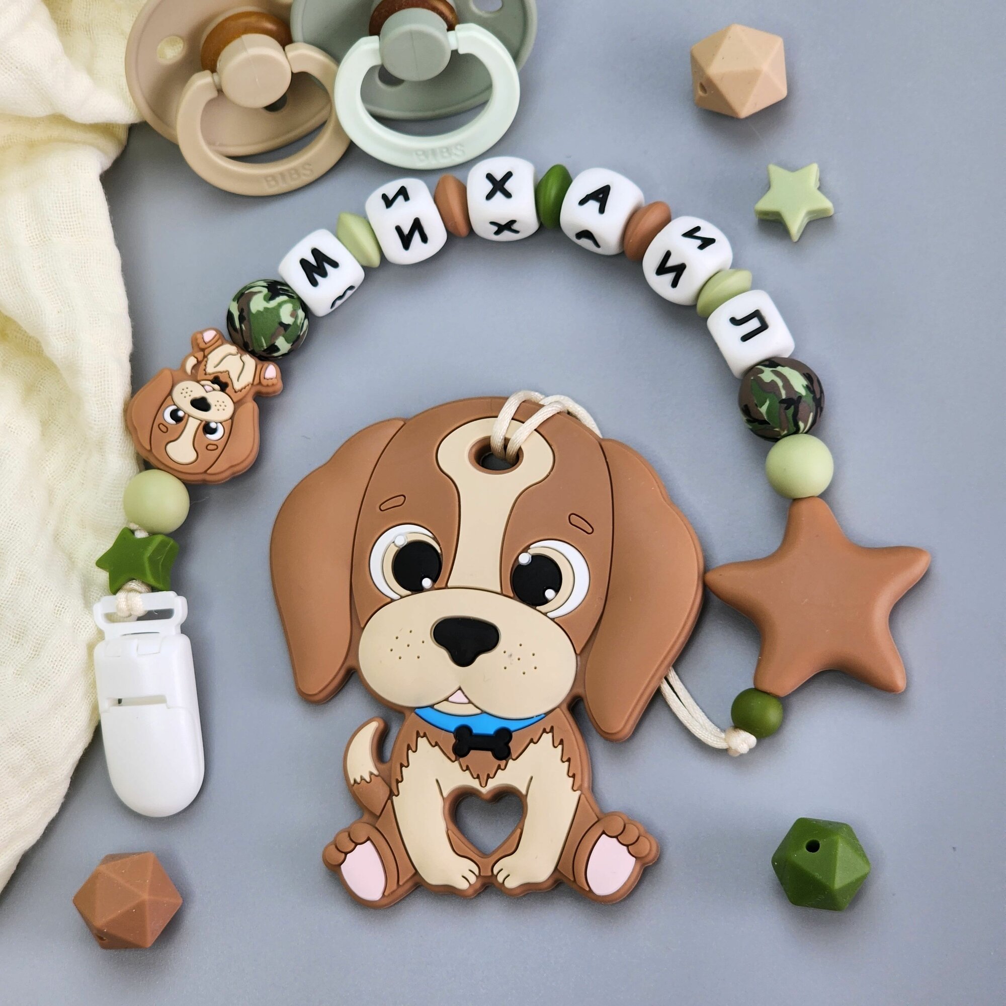 Именной силиконовый держатель для пустышки с грызунком - Михаил, Миша, для новорожденных, прорезыватель