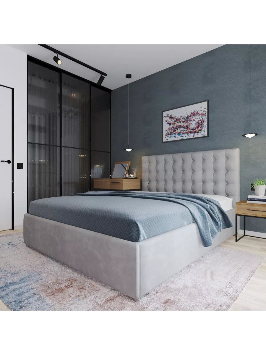 Двуспальная кровать КМК "Марта", велюр, 160x200 см, каретная стяжка, подъемный механизм