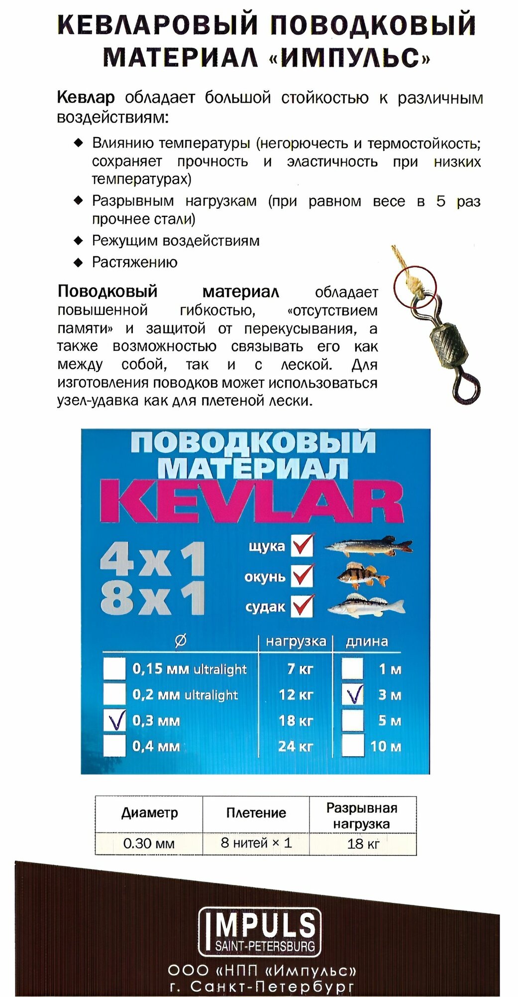 Кевларовый поводковый материал IMPULS 0,3 мм длина 3 м