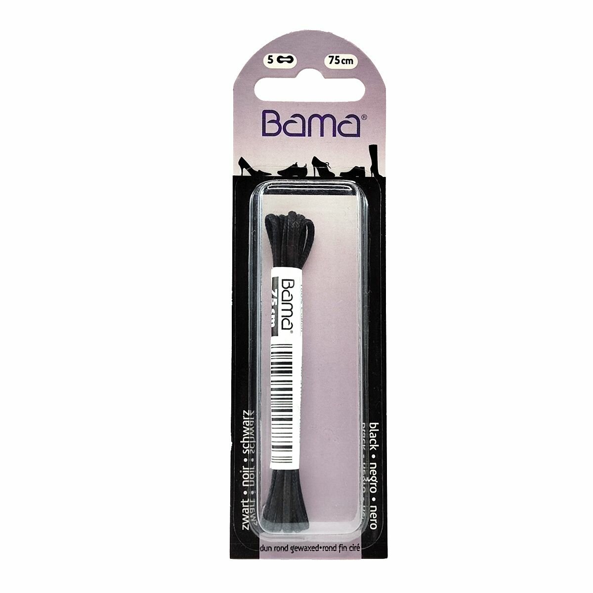 Шнурки черные вощеные круглые для обуви, Bama Германия, длина 75 см, 3 мм, круглые, 1 пара, хлопок 100%