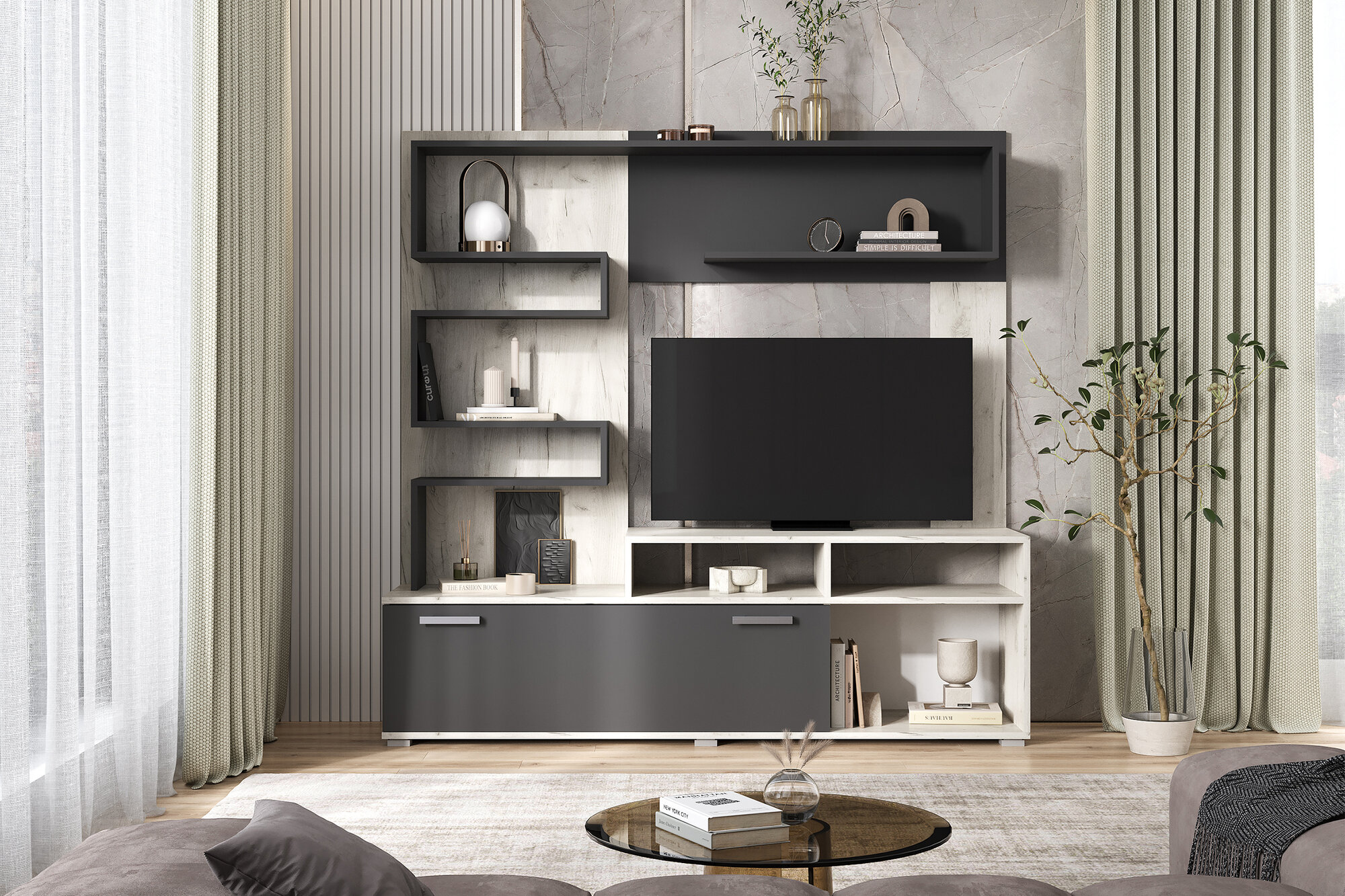 Стенка Нонтон Рица дуб крафт белый / графит 160x39.6x157 см