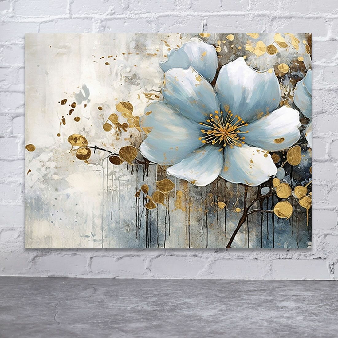 Картины для интерьера 30х40 Цветы с золотом голубые масло серый фон