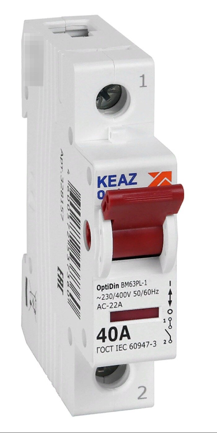 Выключатель нагрузки КЭАЗ OptiDin BM63PL-140-УХЛ3 модульный, 1P 40А, 328157 / переключатель