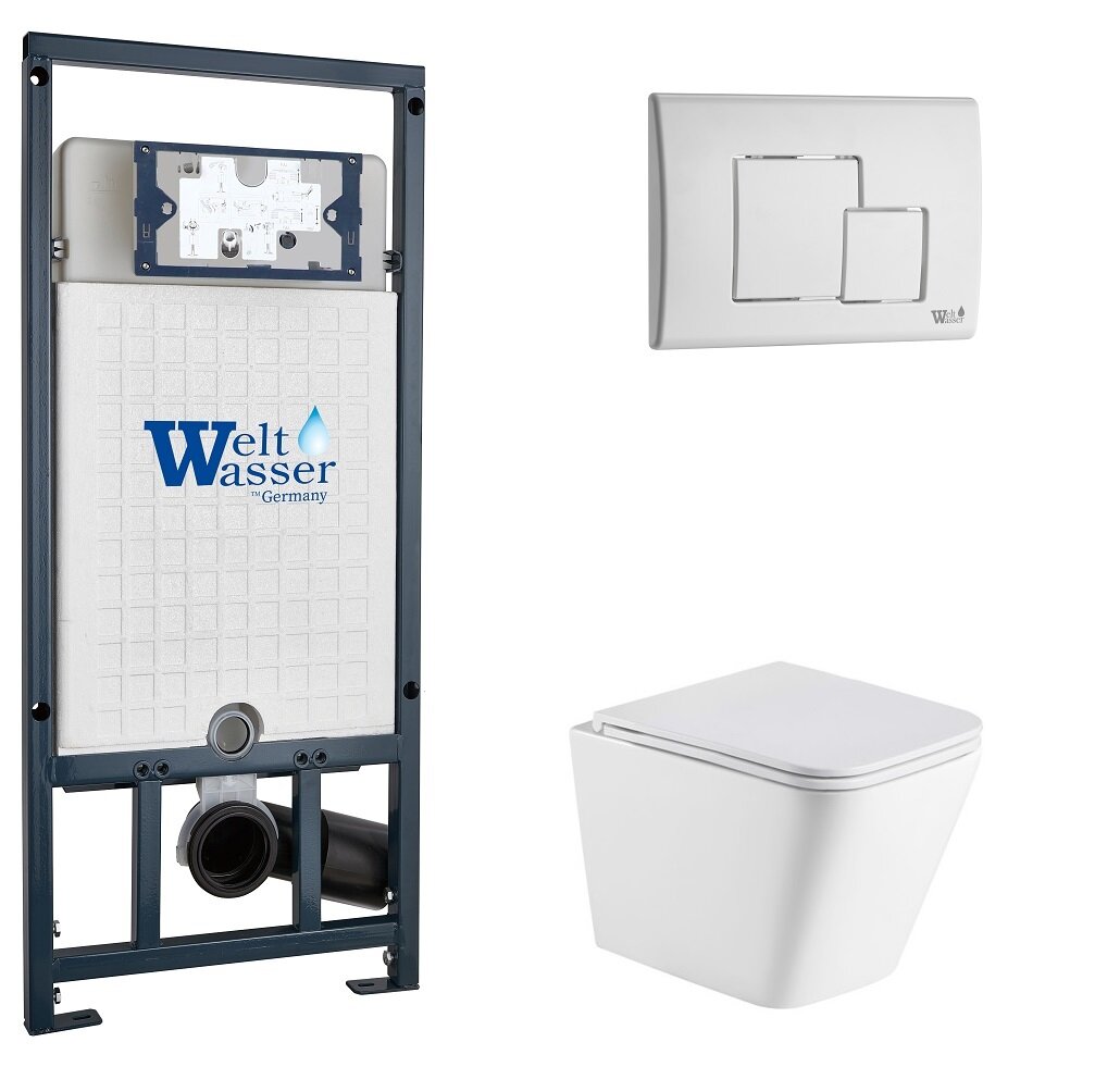 Унитаз подвесной WeltWasser MARBERG 507 + GELBACH 043 MT-WT + MAR 507 SE GL-WT белый матовый, безободковый, с крышкой микролифт, слив-торнадо, с инсталляцией и белой глянцевой кнопкой