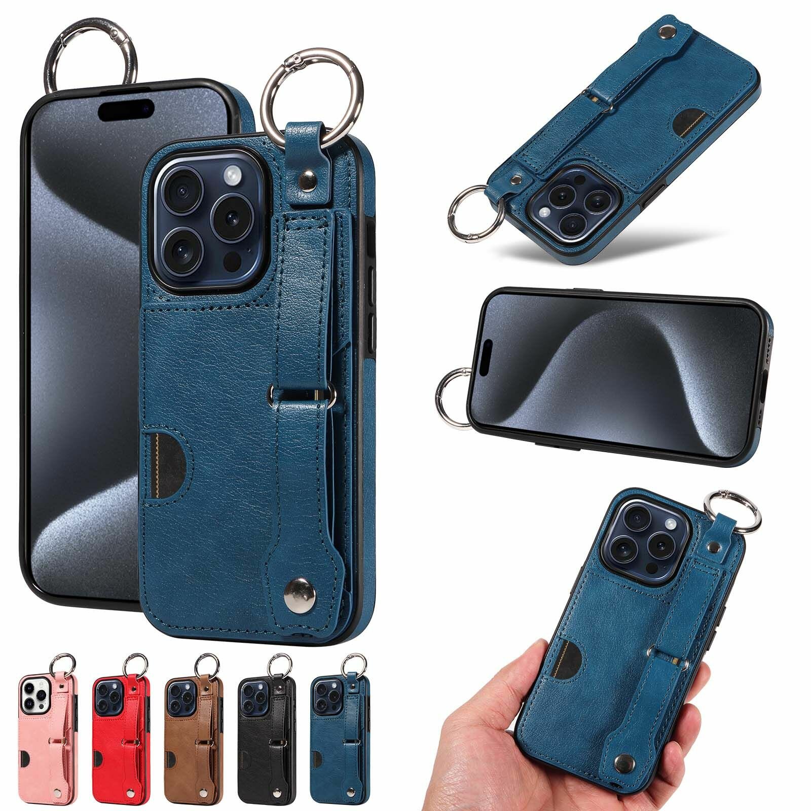 YIKATU Кожаный чехол для Apple iPhone 15 Pro (Эпл Айфон 15 Про) с регулируемым ремешком на запястье/кольцевой пряжкой/ Держатель карты