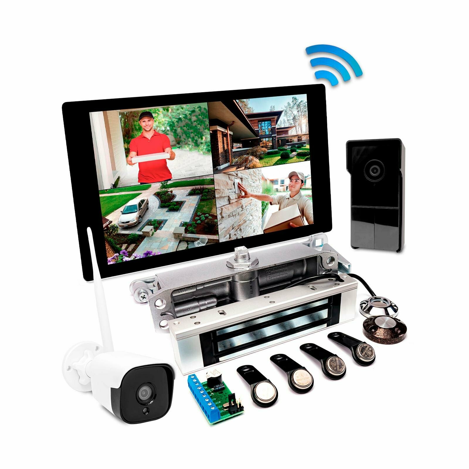 Беспроводной видеодомофон с камерой и замком - SkyNet 1000 (1+1+400G) (W5164RU): Wi-Fi HD монитор 10 дюймов, вызывная панель, электромагнитный замок