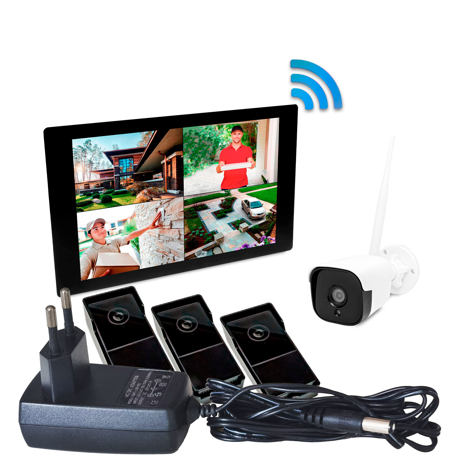 Радиоканальный видеодомофон с камерой и 3 вызывными панелями - SkyNet 1000 (3+1)-TFT (Y12475YKS): HD Wi-Fi монитор 10 дюймов, вызывная панель 3mp, к