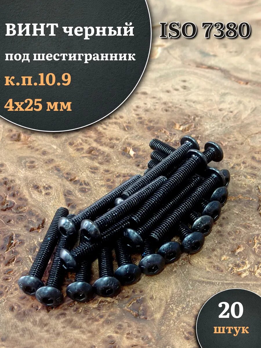 Винт чёрный 4х25 ISO 7380 под шестигранник к. п.10.9, 20 шт.