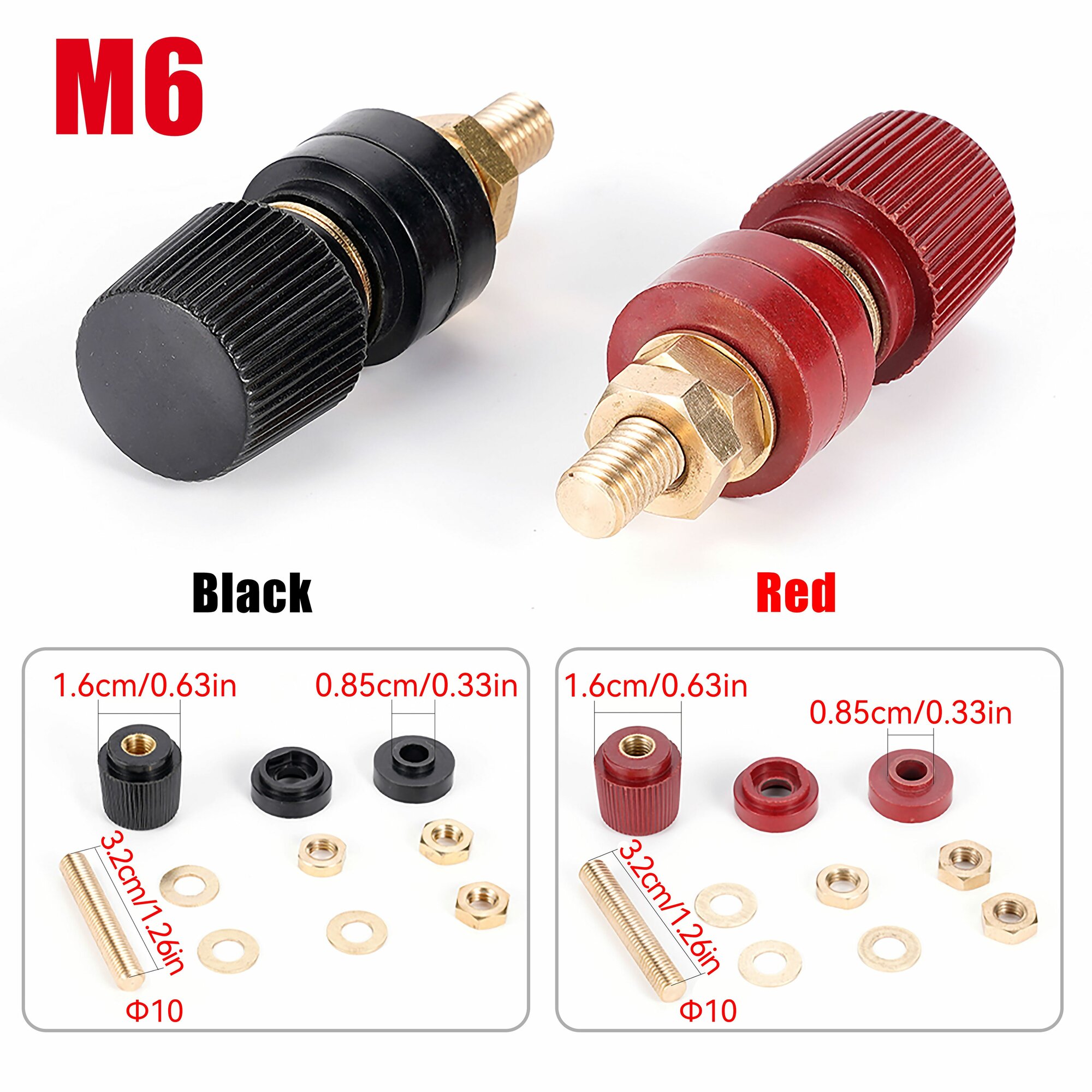 Высокотоковые клеммы для аккумулятора из чистой меди M6/M8/M10, пара красная и чёрная, латунные шпильки и гайки