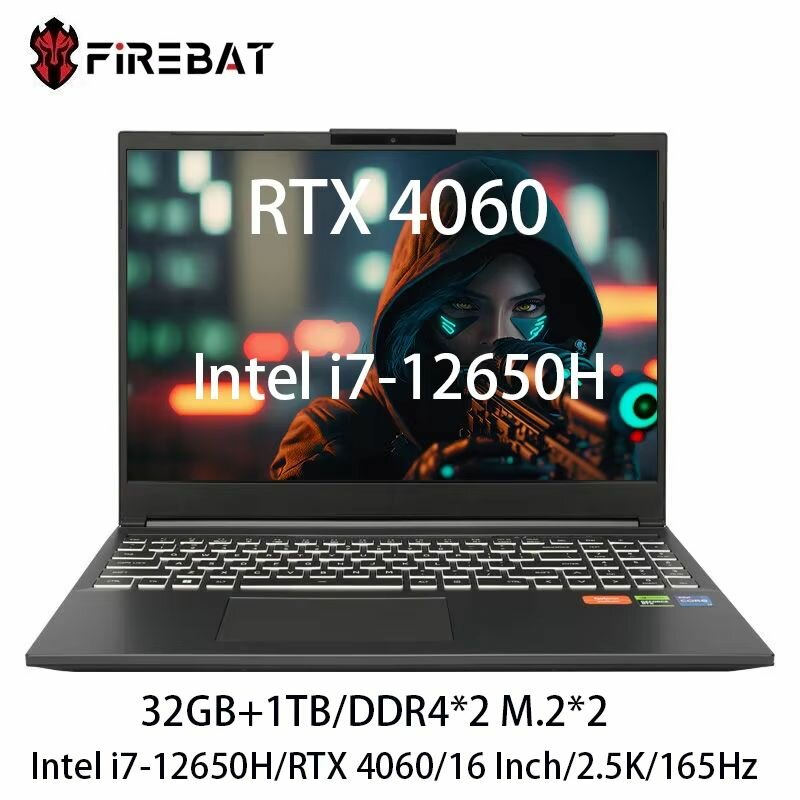Игровой ноутбук FIREBAT T6A 16 дюйма Intel I7-12650H Geforce RTX 4060 DDR4 M.2 16GB RAM 1024GB SSD 165Hz 2.5K Wifi6 BT5.1 Gaming Notebook Laptop