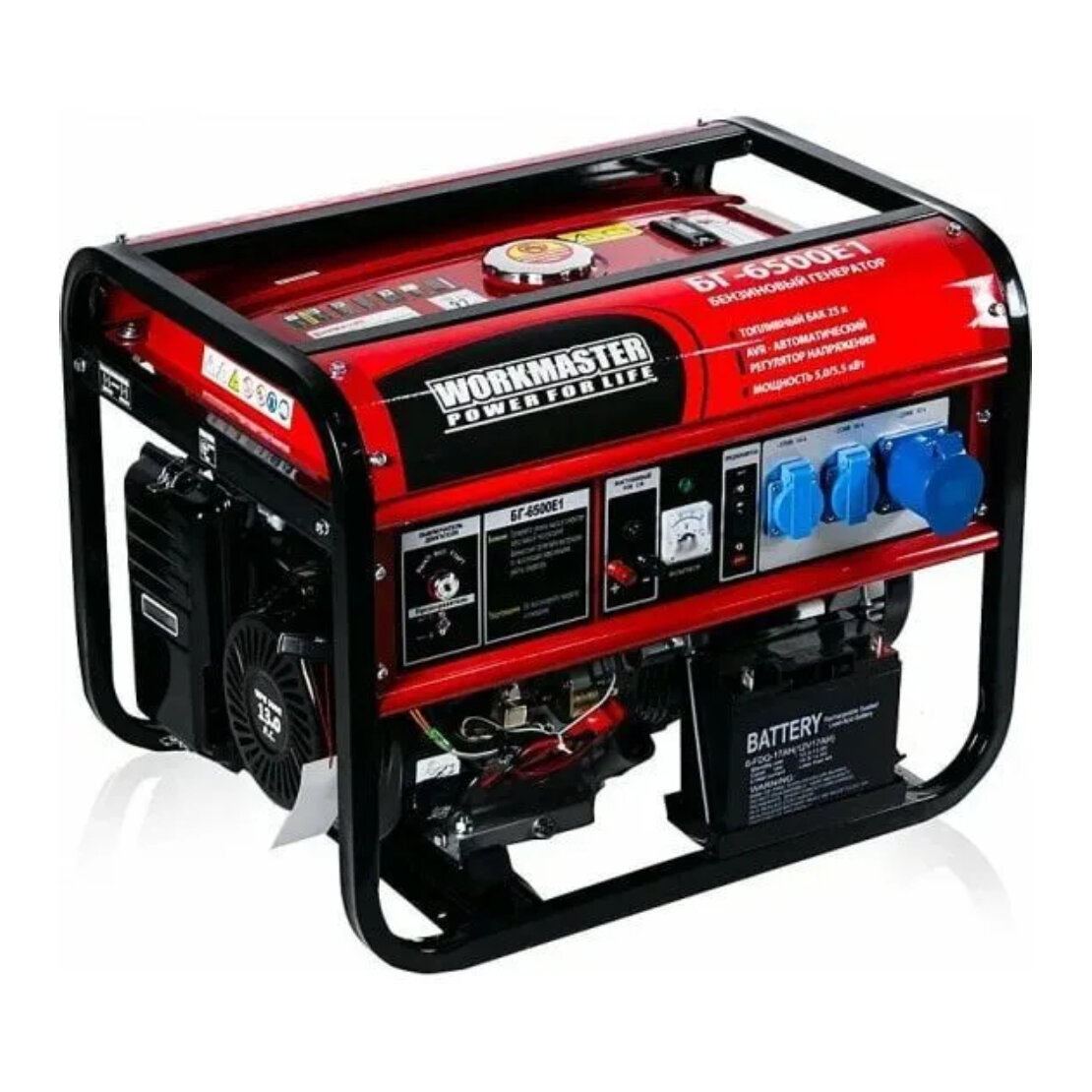 Генератор бензиновый Workmaster БГ-6500E1, 5500 Вт, 3000 об/мин, красный