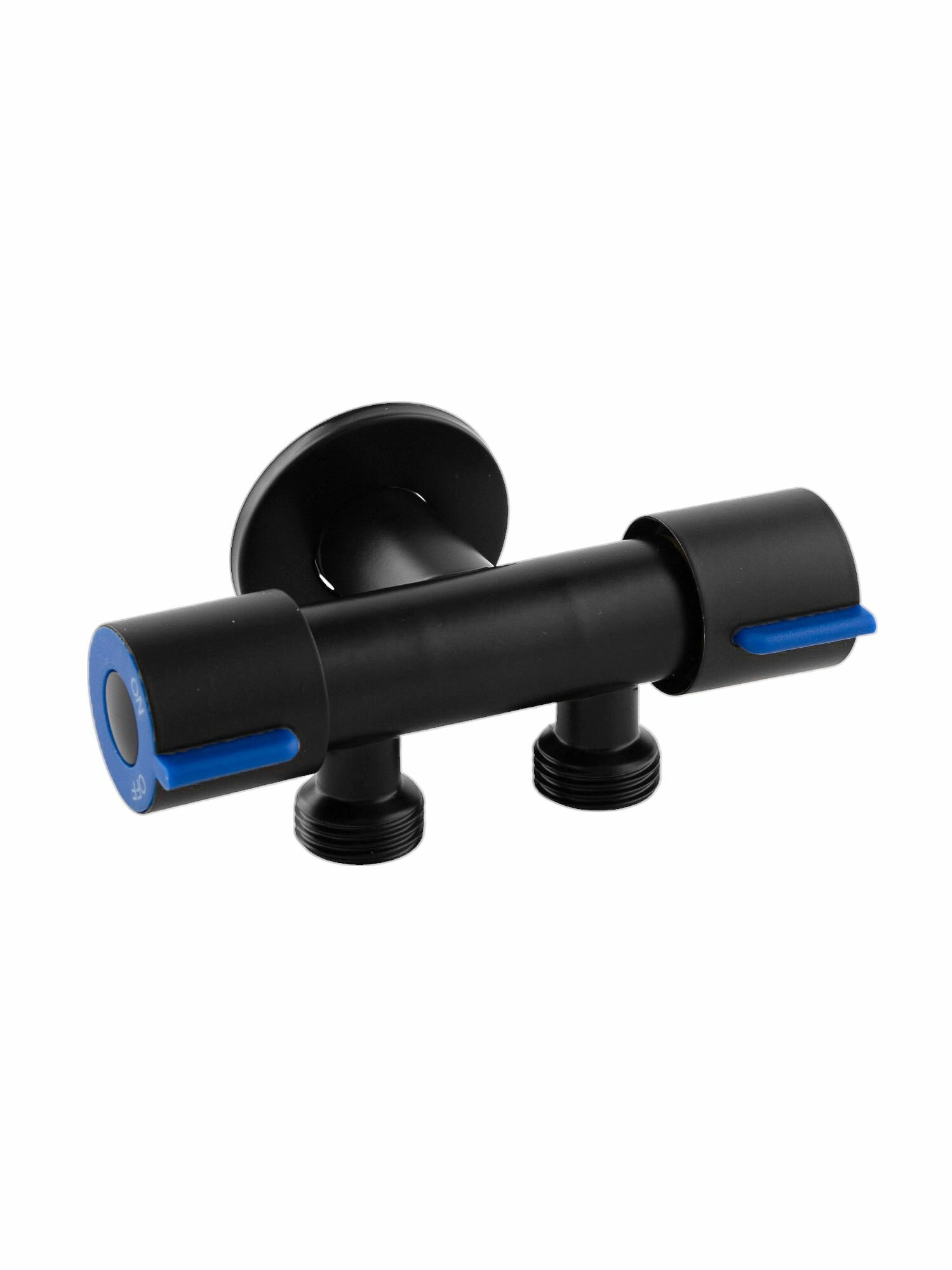 Кран двойной водоразборный /приборный 1/2х1/2х1/2, черный, на флажках с синими маркерами