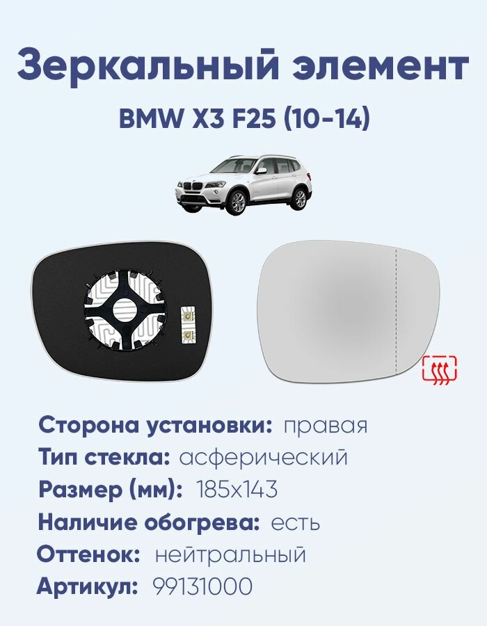 Зеркальный элемент правый BMW X3 F25 (10-14) асферика нейтральный с обогревом
