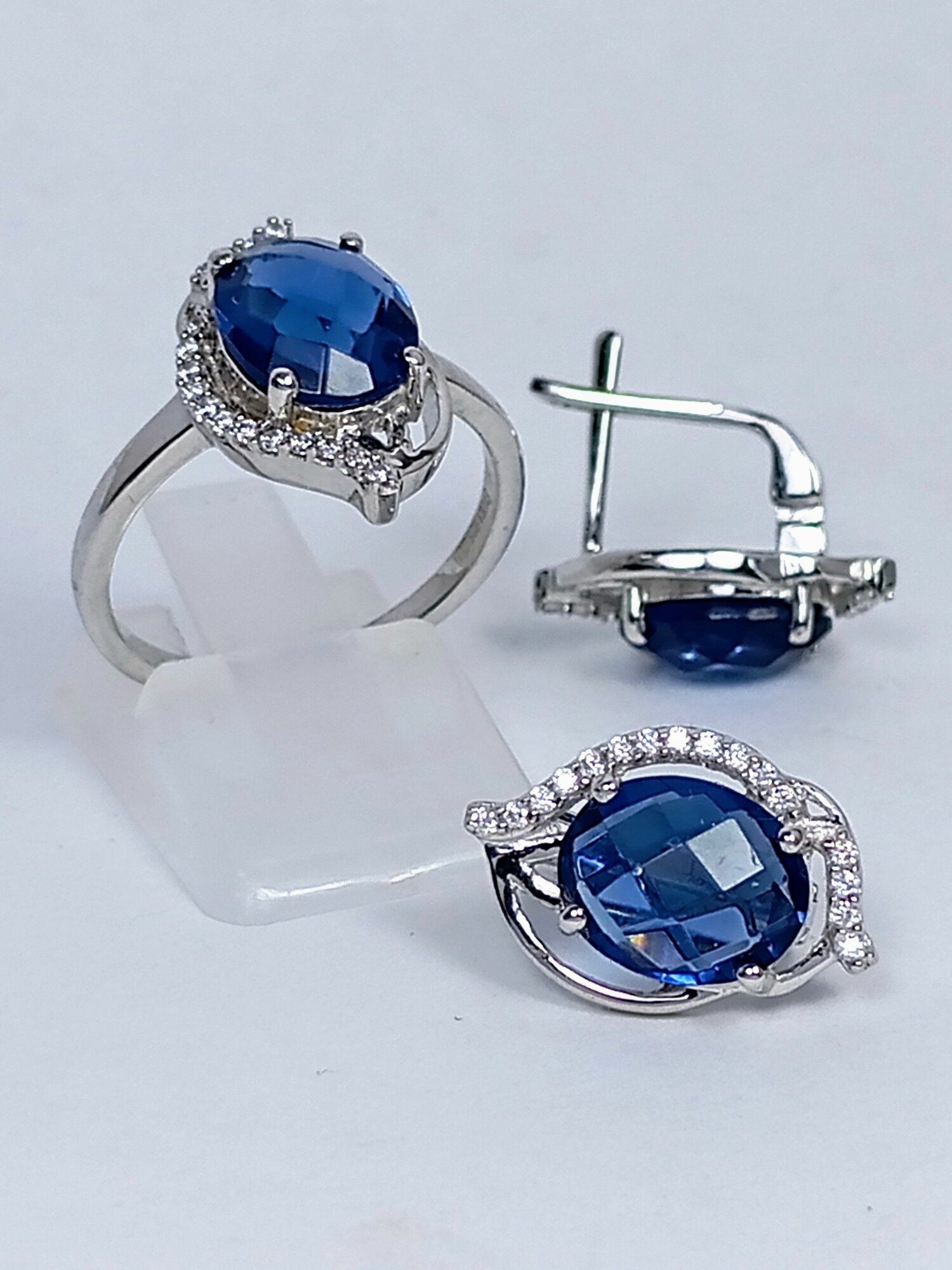 Ювелирный комплект, серебро, 925 проба, родирование, танзанит, фианит