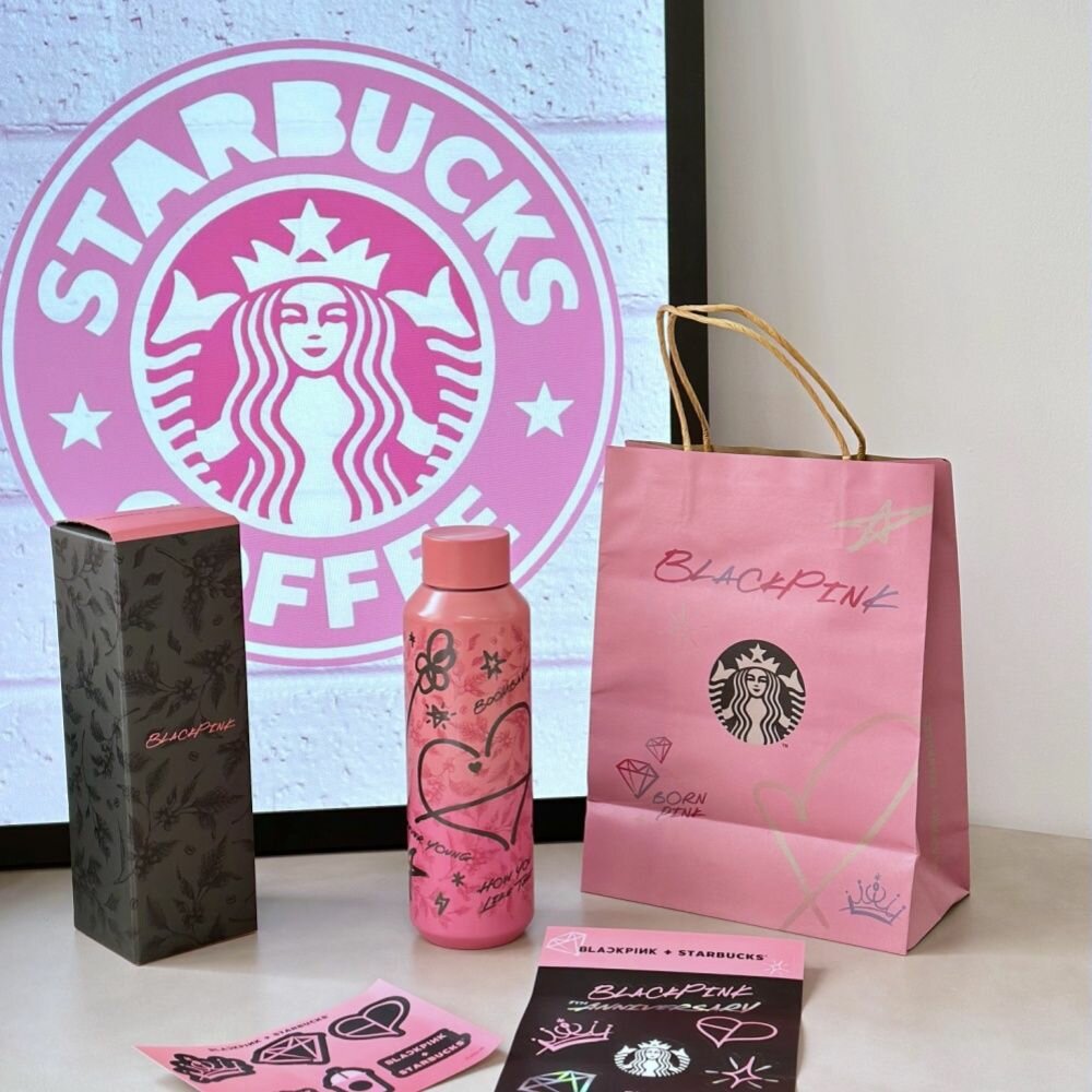 Термос Starbucks, коллаборация с BLACKPINK, розовый, граффити, 596 мл, лимитированная серия, подарок