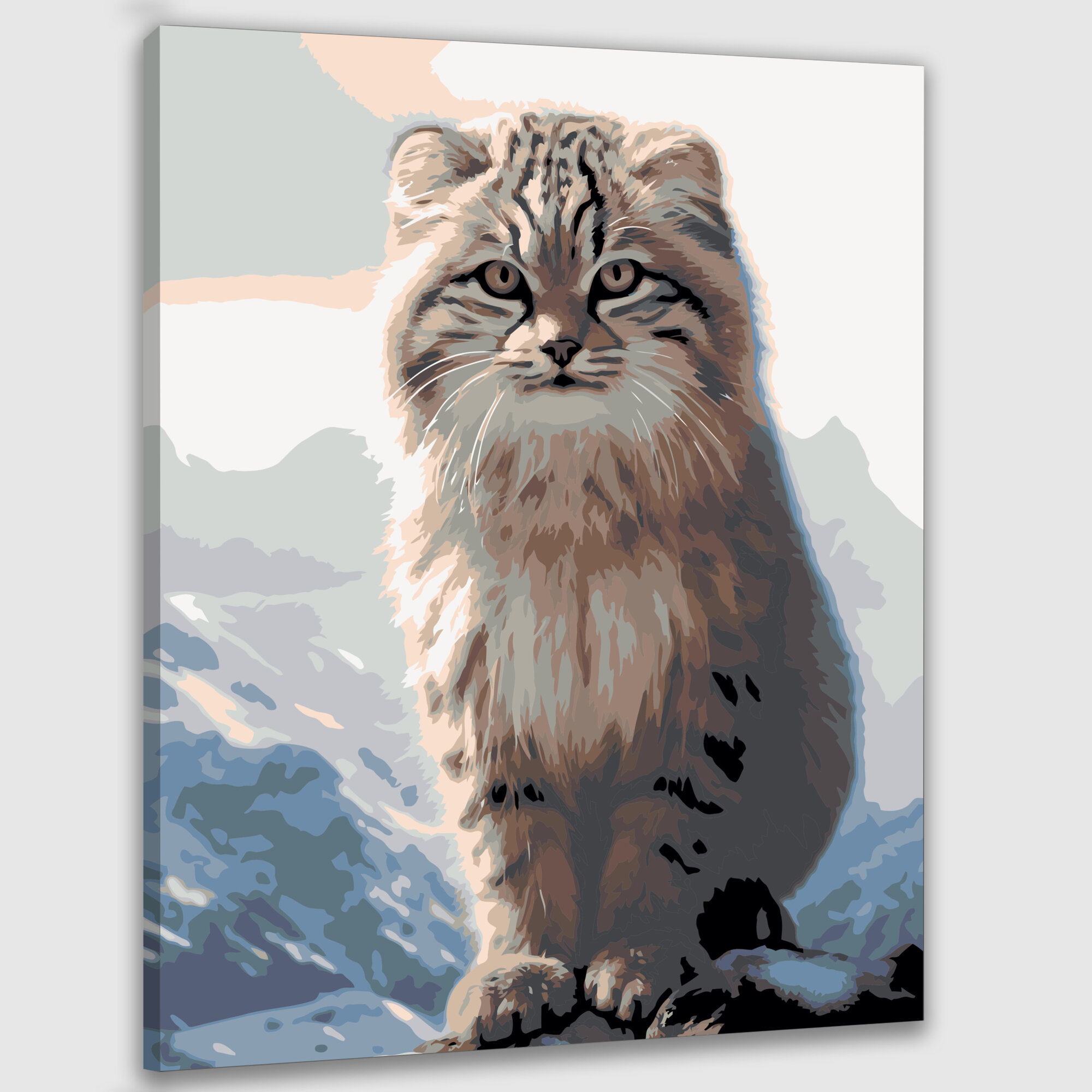 Картина по номерам 40x50 см, Манул, кот Манул, горная вершина, заснеженная, шуба, белое окружение, желтые глаза
