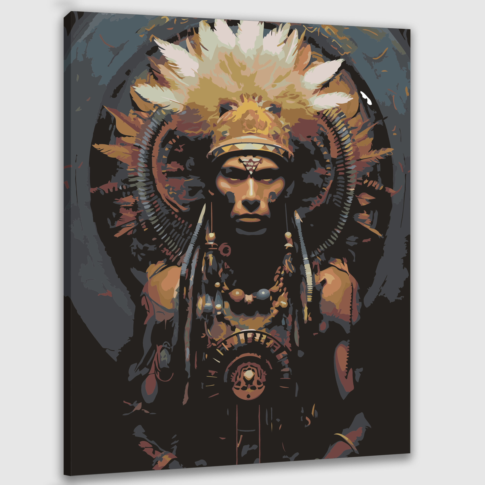 Картина по номерам 40x50 см, шаман, транс, мандалы, символы, перья, священные украшения, древняя мудрость